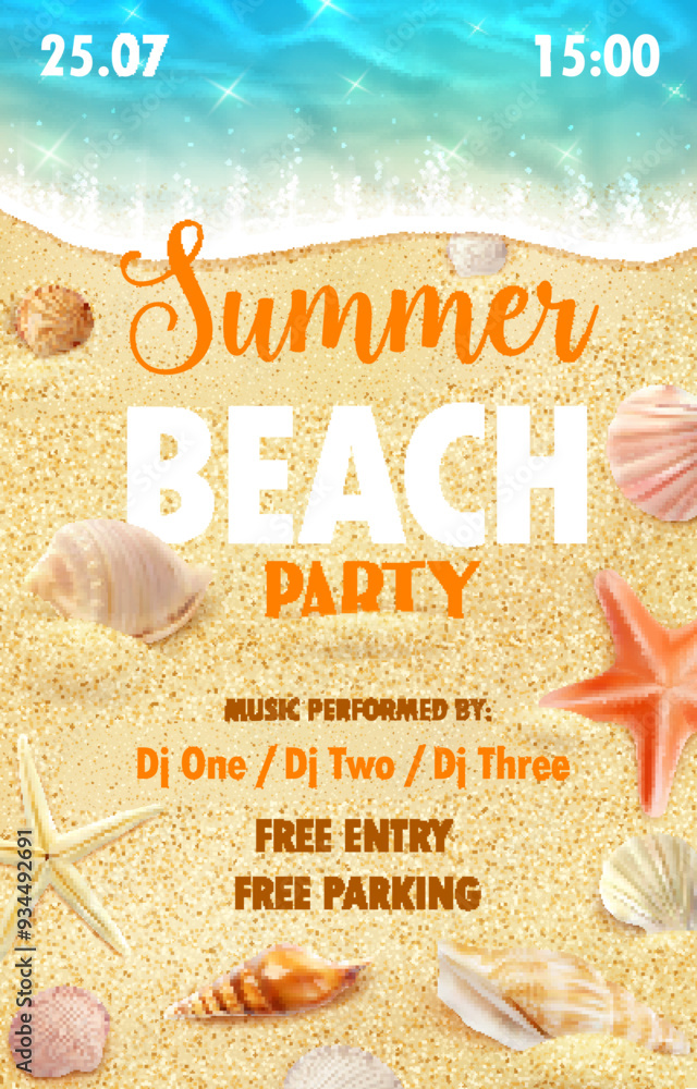 Summer beach party flyer with seashell and starfish on beach sand and ...