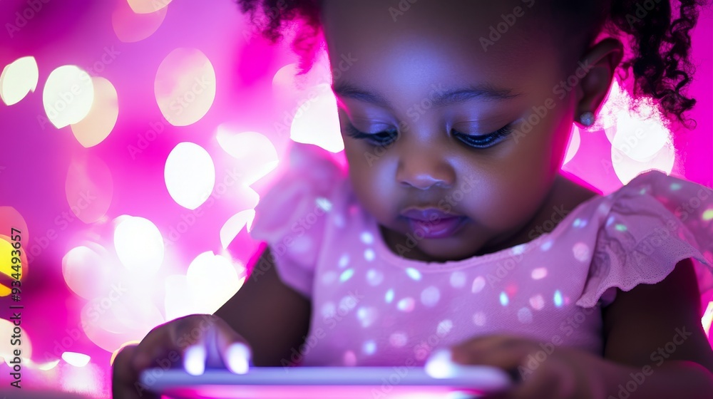 Black child using smart tablet. A happy black girl playing on the iPad ...