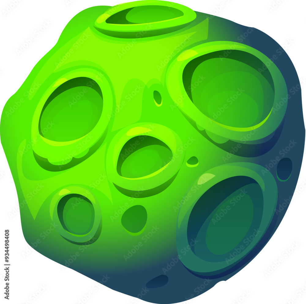 Cartoon fantasy vibrant green galaxy alien space planet with craters ...