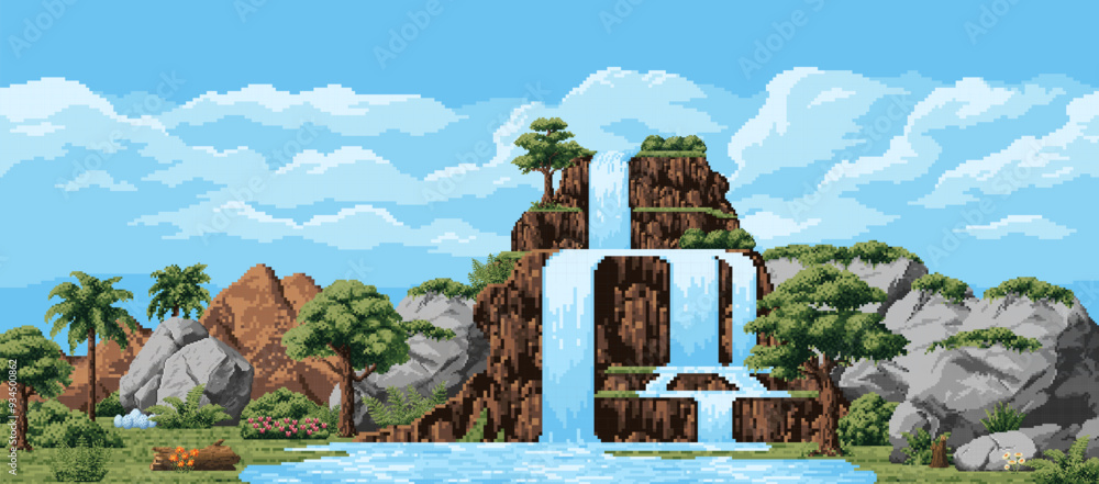 8 bit pixel art arcade game prehistoric waterfall cascade and mountains ...