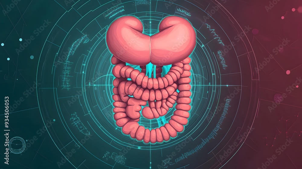 An illustration of the human intestinal system showing the entire ...