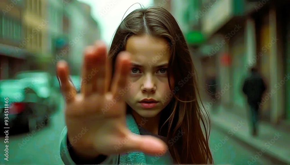 Melancholic Girl with Hand Raised in Defense – Powerful Image for Child ...