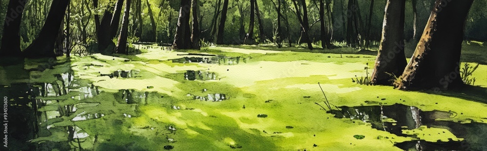 Watercolor illustration of a forest swamp with water covered in green ...
