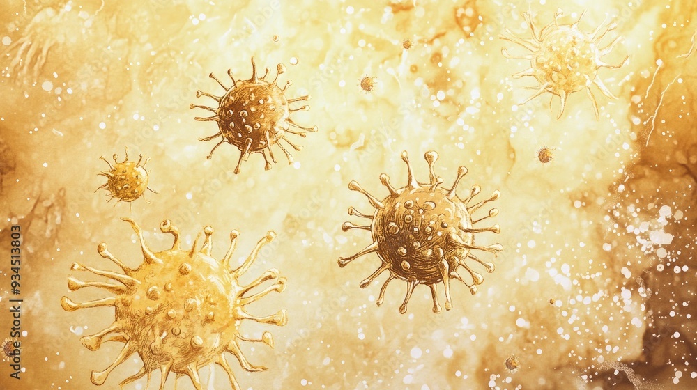 Watercolor depiction of rabies virus and dark cancer T cell Beige virus ...