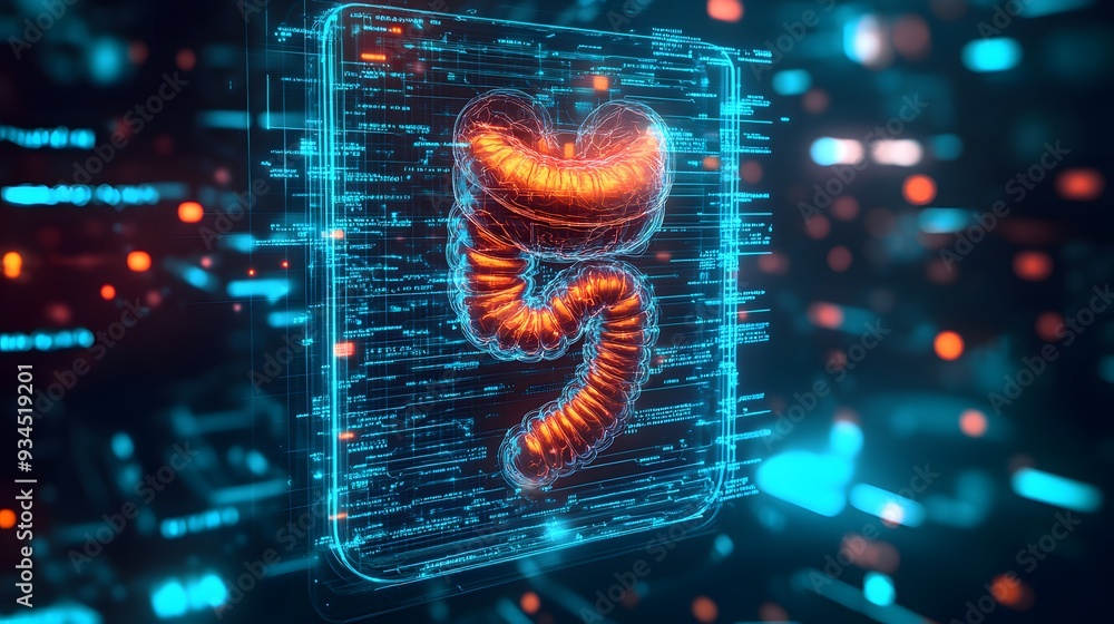 A futuristic illustration of the human digestive system in holographic ...