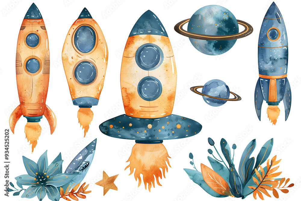 Whimsical watercolor rockets and stars, isolated on a white background ...