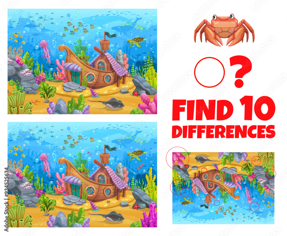 Find ten differences on ocean underwater landscape with sunken boat ...