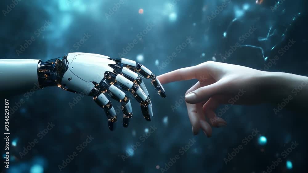 Two robotic hands reaching towards each other against a cosmic ...