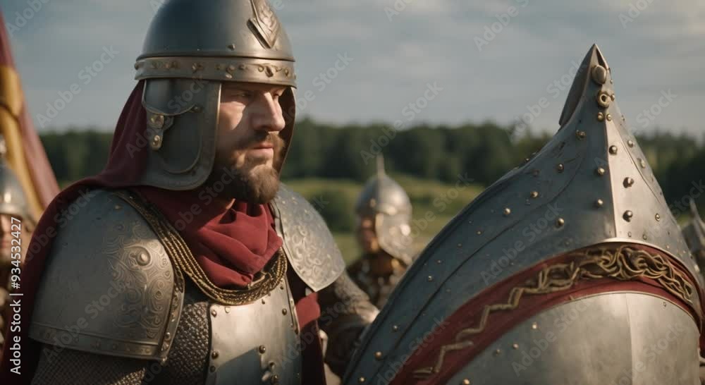 A Varangian guard with detailed helmet and vigilant expression shields ...