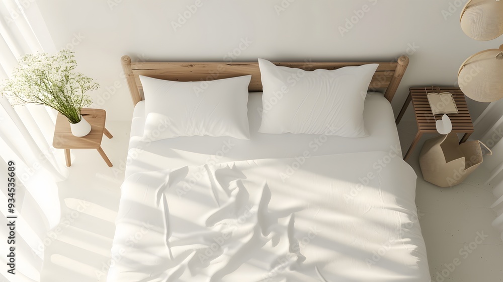 Capture an image of a pristine minimalist bedroom featuring only a bed ...