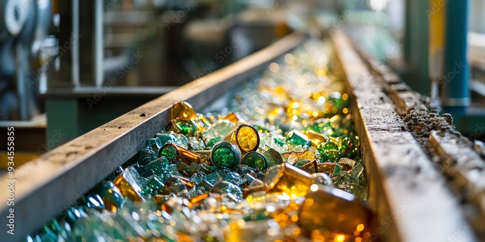 Photo of glass recycling process in industry broken glass being ...