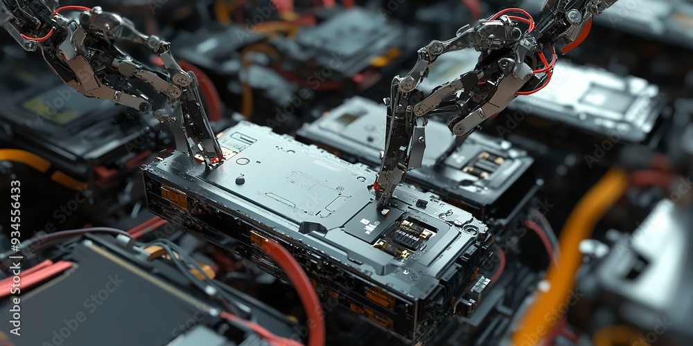 Robotic arms disassembling old battery packs. Stock Illustration ...