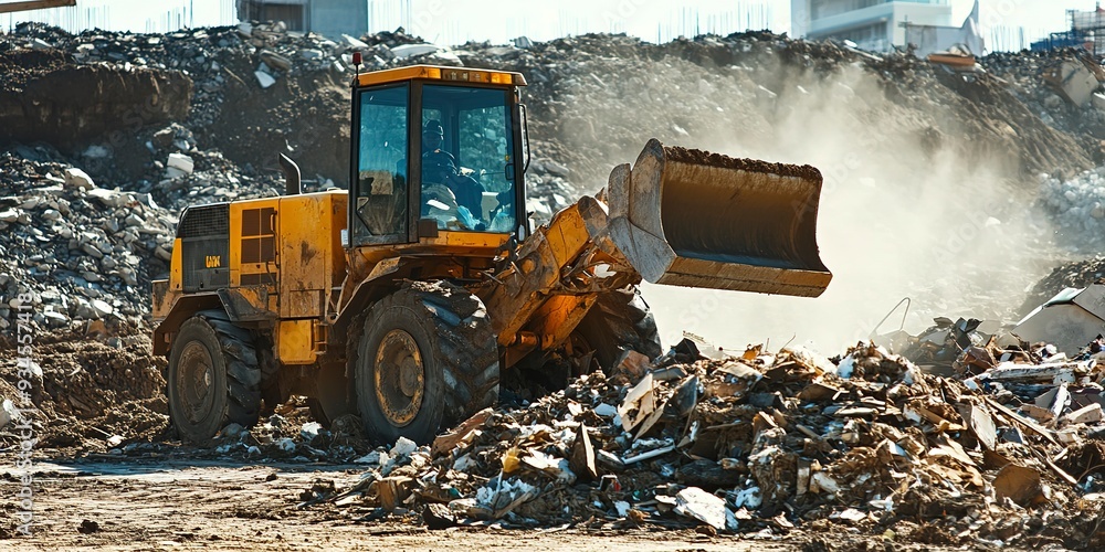 Loader moving construction debris for recycling, environmental ...