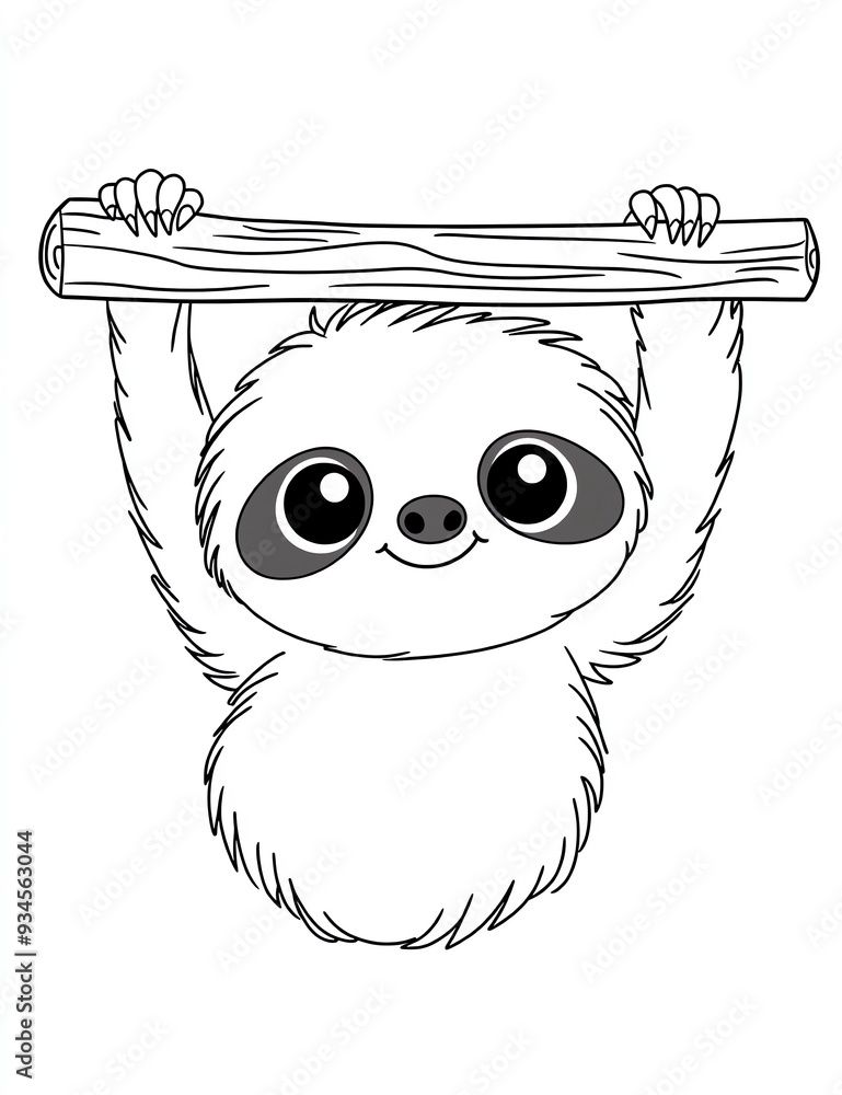 A cute cartoon baby sloth hanging from a branch coloring page, a simple ...
