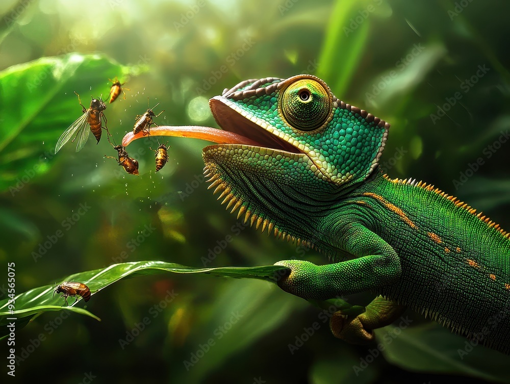 Green Chameleon with Long Tongue Catching Insects on Green Leaf in ...