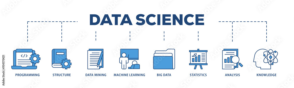 Data science icons process structure web banner illustration of data ...