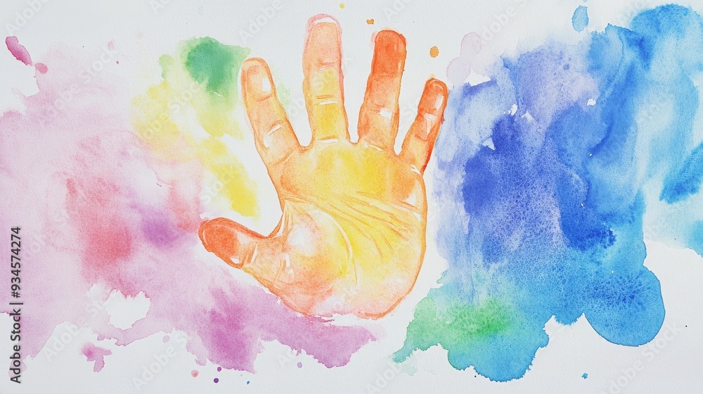 Watercolor illustration featuring a colorful handprint design ...