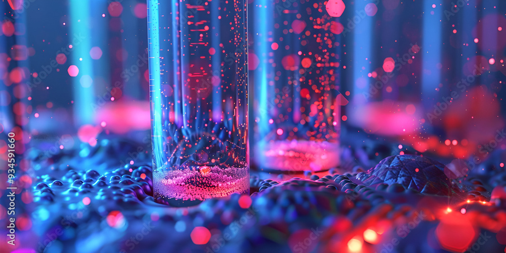 Futuristic science laboratory with glowing test tubes filled with nano ...