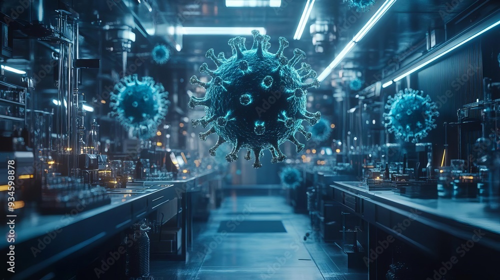 Virus particle floating in a futuristic laboratory, hightech virology ...