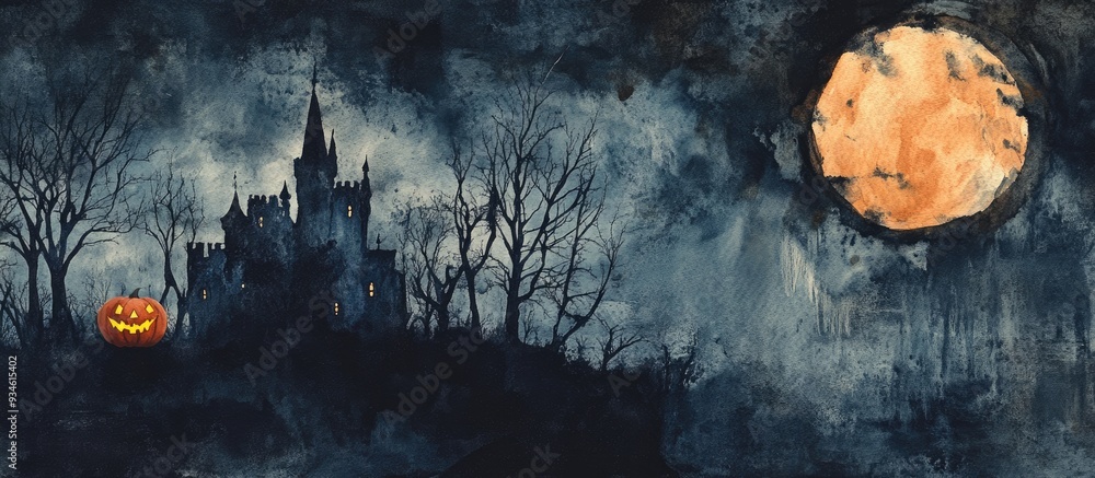 Watercolor illustration of a dark night scenery featuring spooky ...