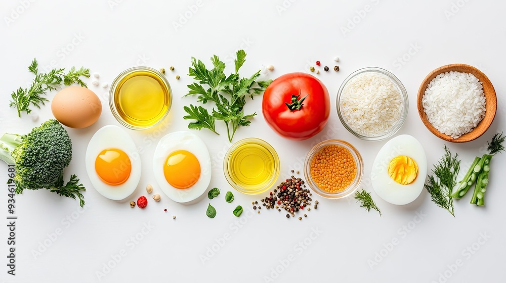 A variety of fresh vegetables, eggs, fruit, rice, and oil laid out on a ...