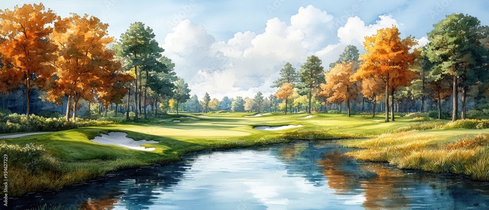 Watercolor Golf Course with Hand-Painted Trees and Winding Fairway ...
