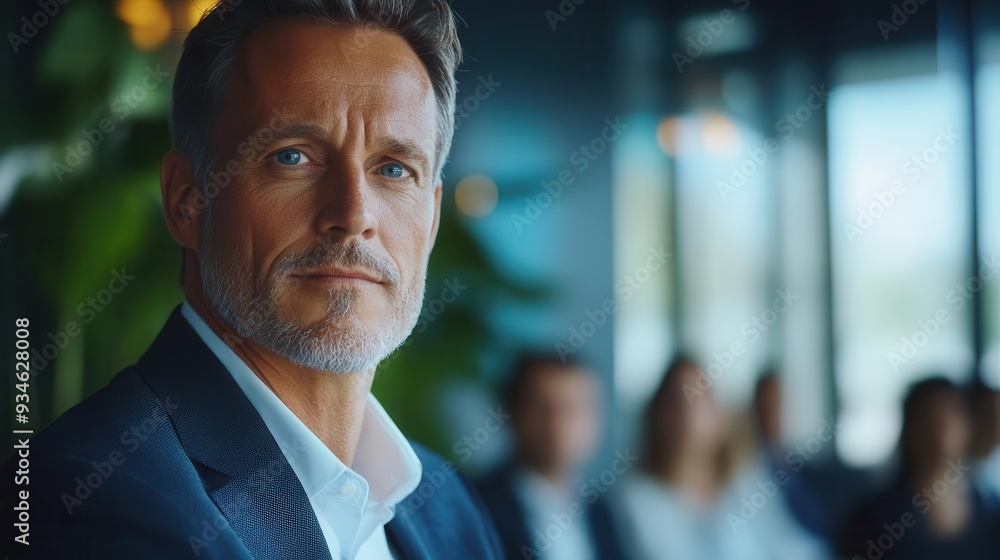 Business leadership with an executive addressing a team in a modern ...