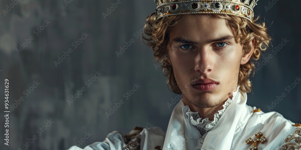 Dynamic young monarch in a pale top and crown, influenced by historical ...