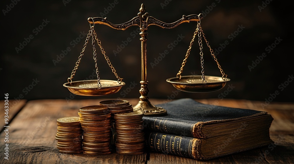 Business Ethics: A 3D scale balanced with gold coins on one side and a ...