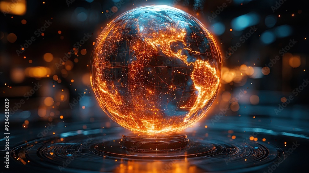 Climate Science: A 3D holographic globe with weather patterns being ...