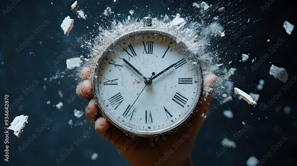 Concept of passing away, the clock breaks down into pieces. Hand ...