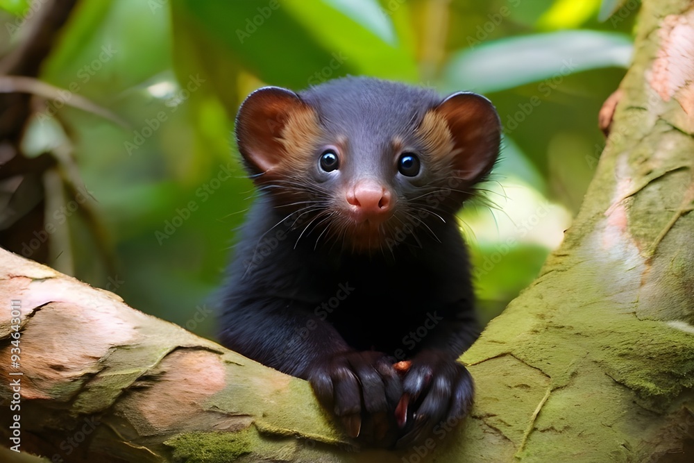 Cute baby of Tayra in hiding waiting for its mother in the Brazilian ...