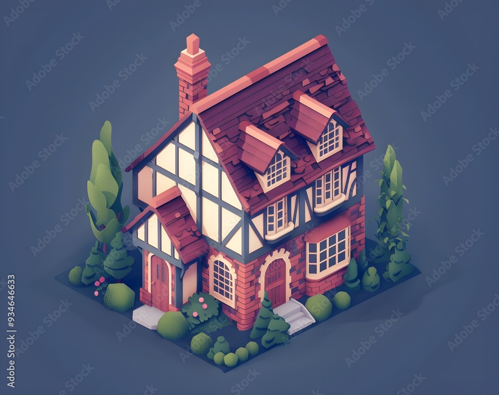 set of isometric houses, simple vector illustration, 3D render, front ...