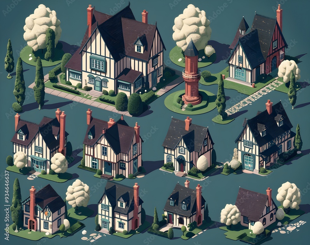 set of isometric houses, simple vector illustration, 3D render, front ...