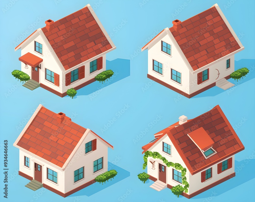 set of isometric houses, simple vector illustration, 3D render, front ...