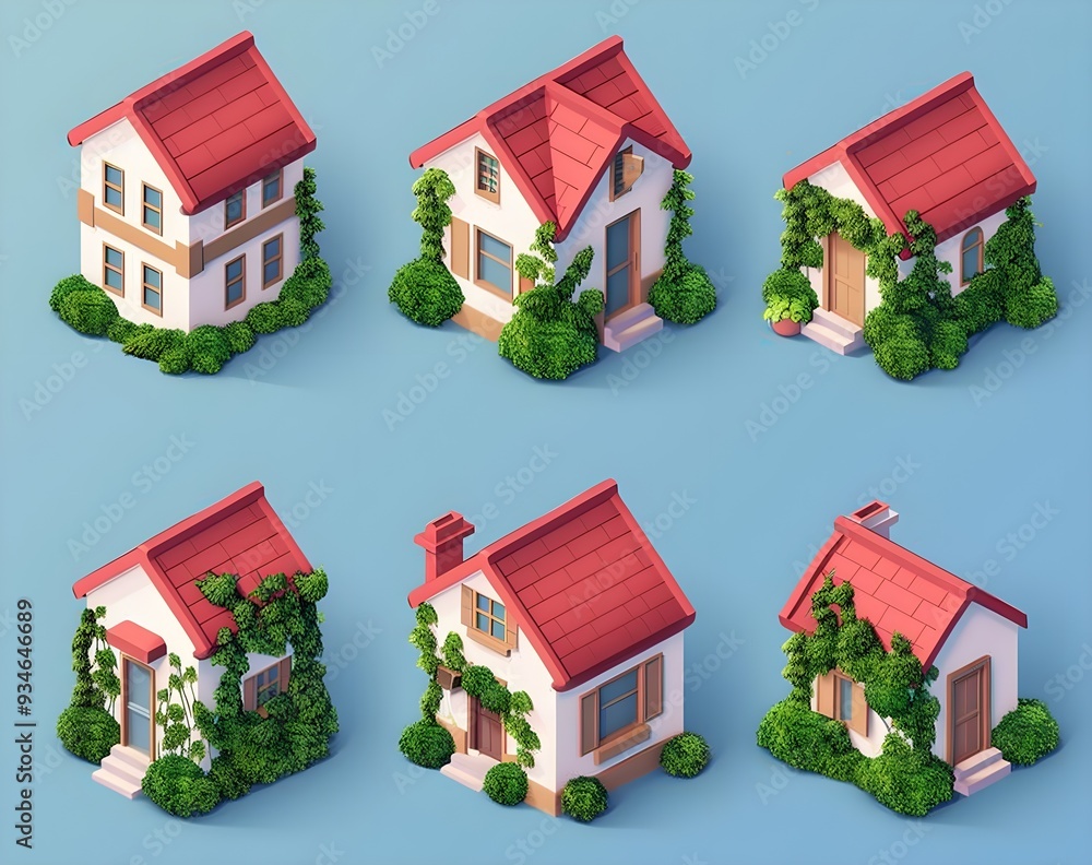 set of isometric houses, simple vector illustration, 3D render, front ...
