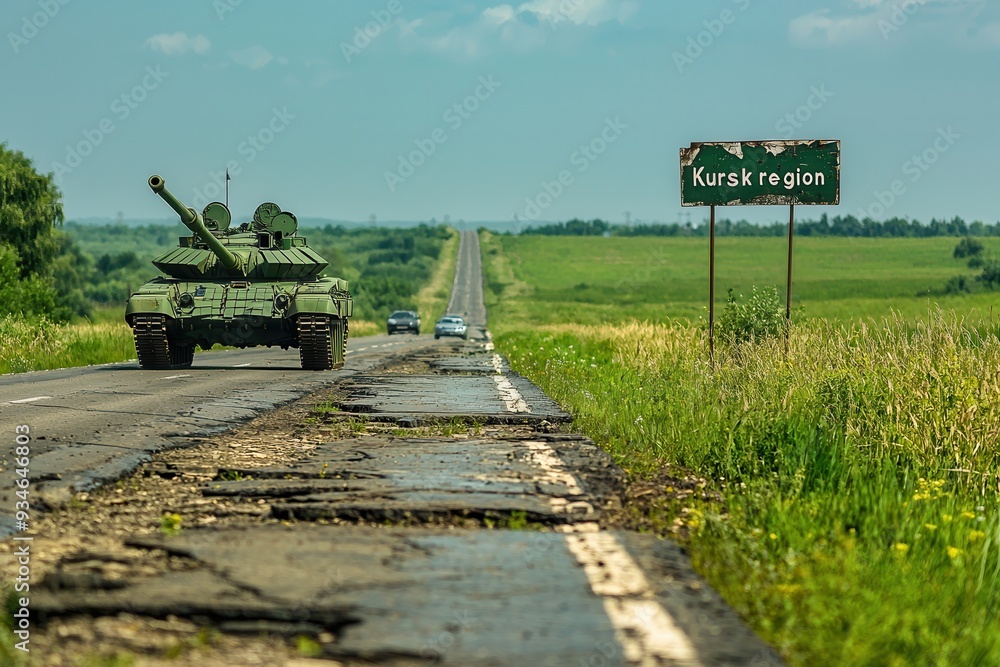 A summer road in Russia with cars and a tank driving by. On the right ...