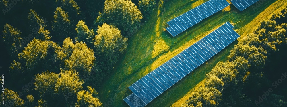 An aerial view of a solar farm, solar power plant, and solar panel ...