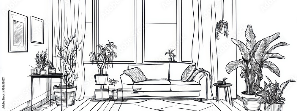 Line interior home art room design illustration outline sketch ...