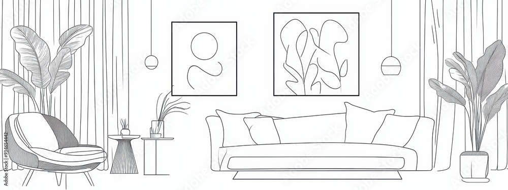 Line interior home art room design illustration outline sketch ...