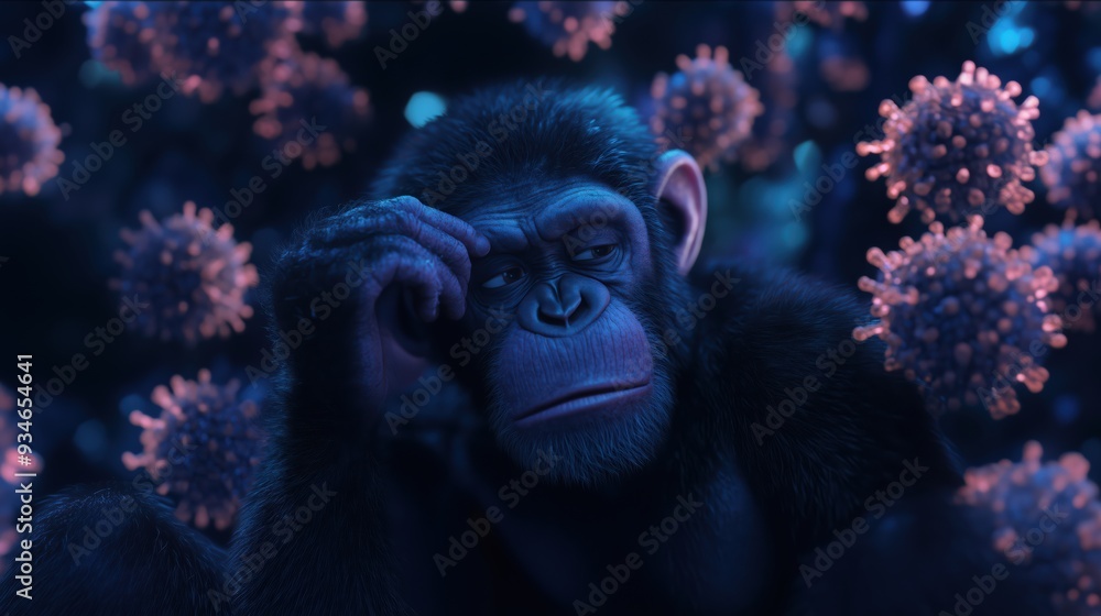 Sad MPOX monkey with monkeypox virus cells. Mpox outbreak pandemic ... Sad MPOX monkey with monkeypox virus cells. Mpox outbreak pandemic ...