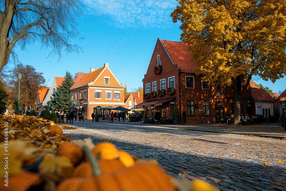 A small town square featuring historic buildings adorned with autumn ...