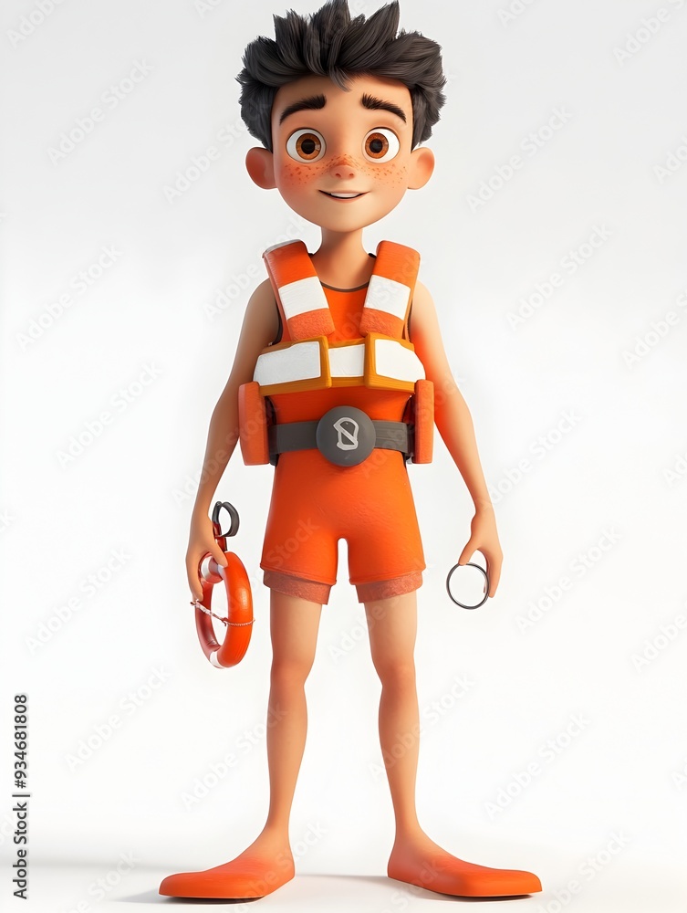 Full body animated 3D of a young lifeguard boy in a professional ...
