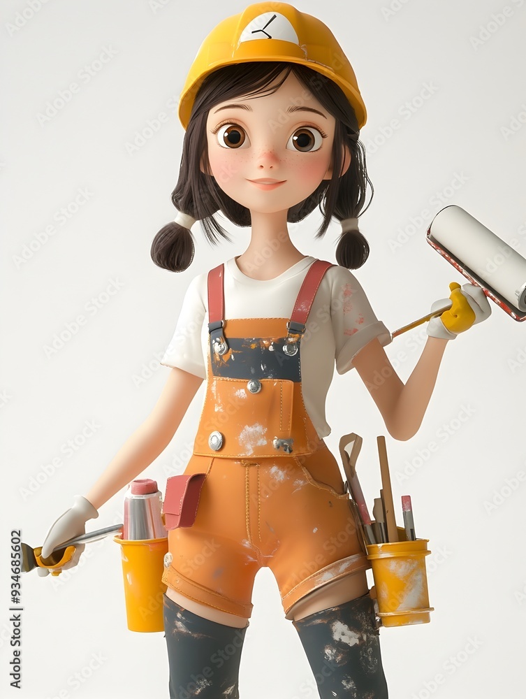 ภาพประกอบสต็อก Full body 3D animated of a young female painter in a ...