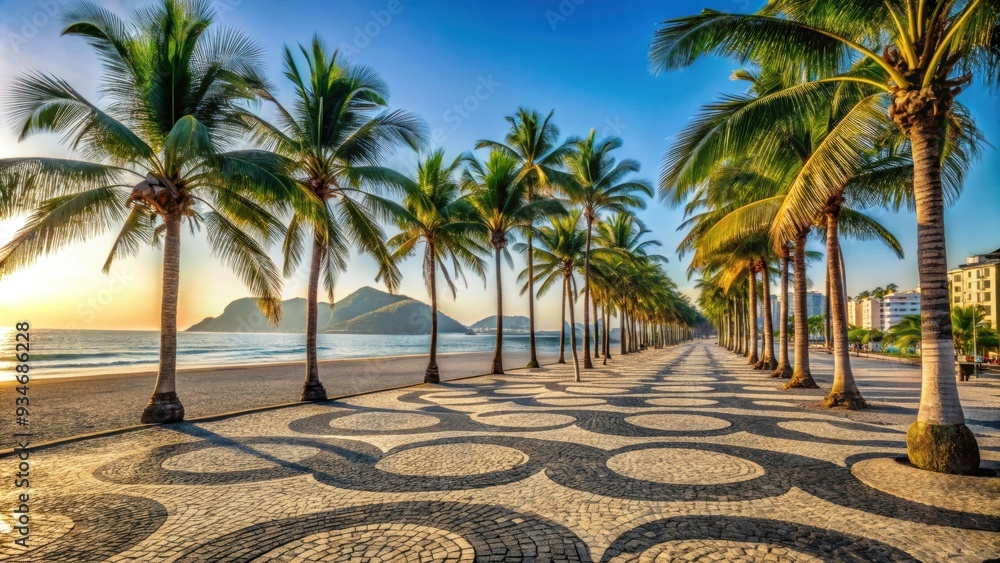 Mosaic sidewalk and palm trees in Leme and Copacabana Beach in Rio de ...