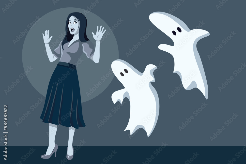 Scared Woman Meets Ghosts Vector Cartoon illustration. Girl suffering a ...