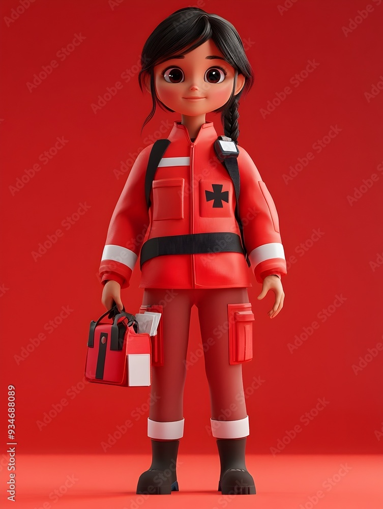 Full body 3D animated female character in a paramedic s uniform holding ...