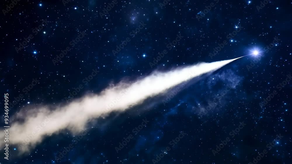 A stunning comet streaks across the night sky, leaving a shimmering ...