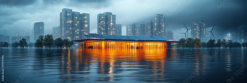 Solar panels wind turbines emerging from a flooded city illustrating ...