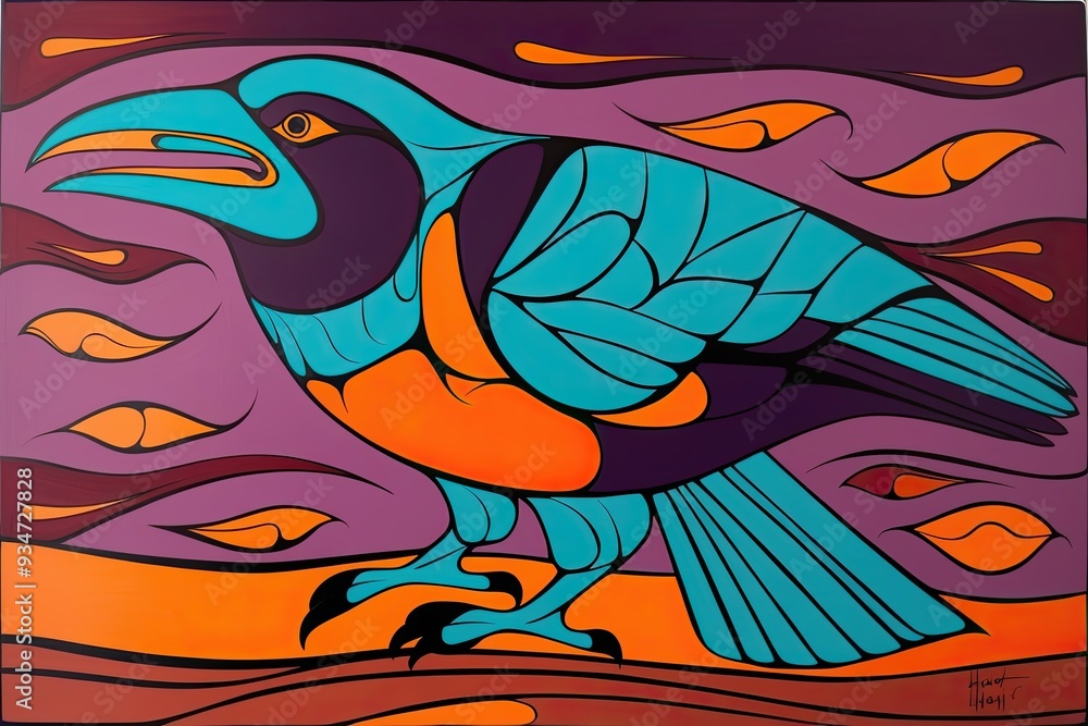 Colorful Inuit Haida Folk Art with a Mythical Raven in Aqua, Orange ...